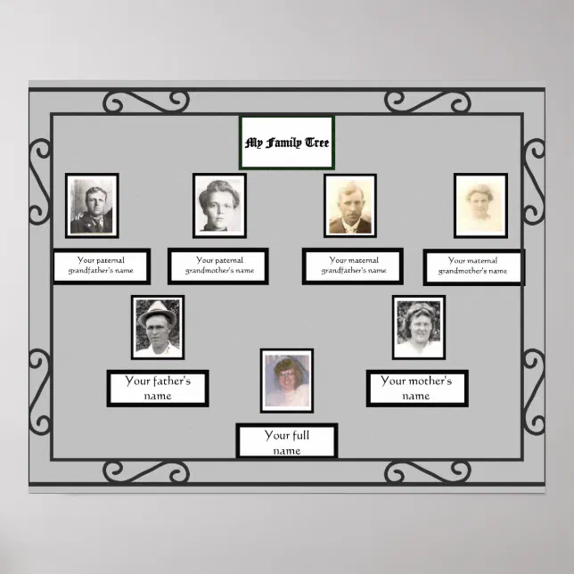 Photo Family Tree Wrought Iron Look Border on Gray Poster | Zazzle
