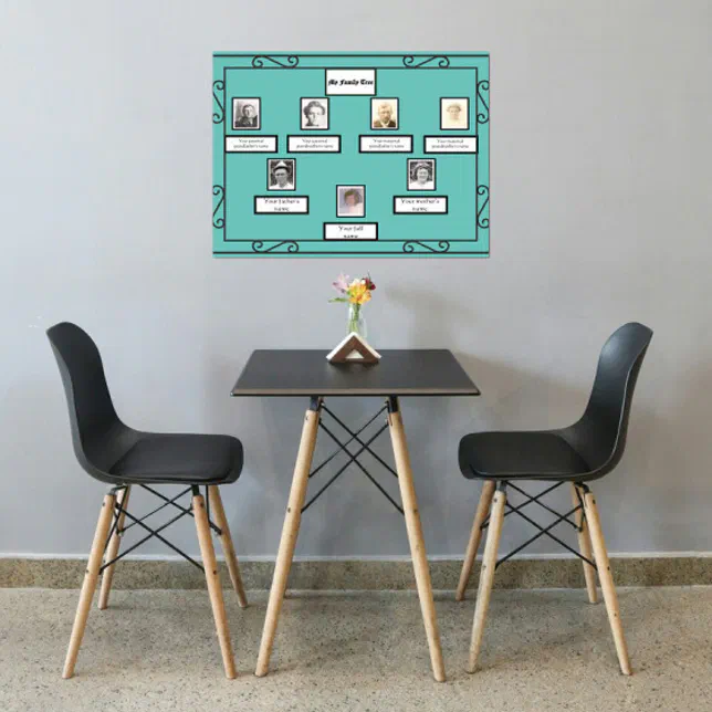 Photo Family Tree Wrought Iron Look Border on Teal Poster | Zazzle