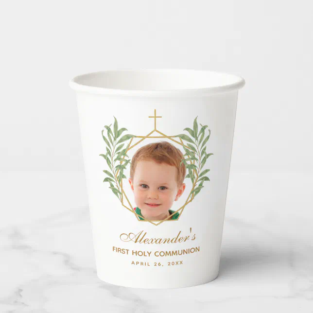 Photo First Communion Greenery Botanical Geometric Paper Cups | Zazzle