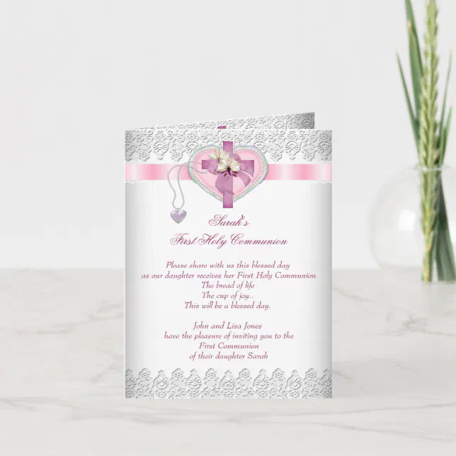 Photo First Holy Communion 1st Cross Girls Pink Invitation | Zazzle