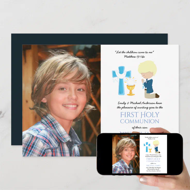 PHOTO First Holy Communion Invites BLONDE BOY | Zazzle