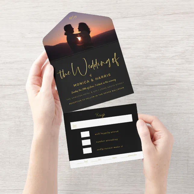 Photo Flap Black Wedding Foil All In One Invitation | Zazzle