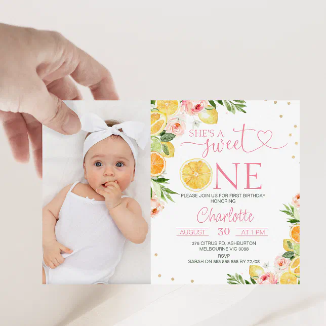 Photo Floral Citrus She's A Sweet One 1st Birthday Invitation | Zazzle