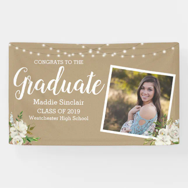 Photo Flowers String Lights Tan Graduation Banner | Zazzle