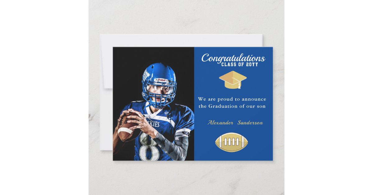 Photo Football player blue graduation Invitation | Zazzle