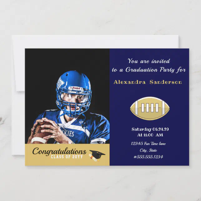 Photo Football player graduation party navy blue Invitation | Zazzle