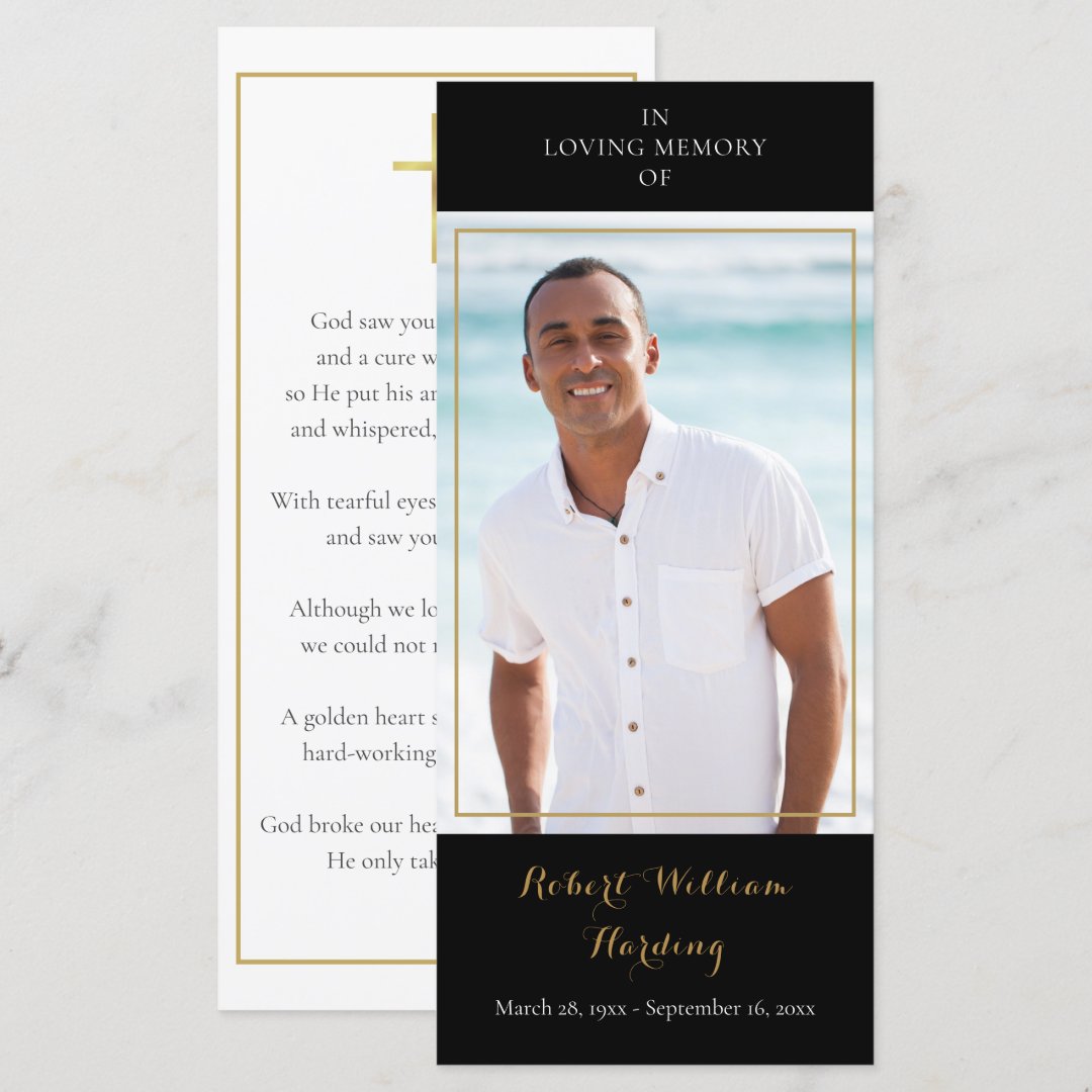 Photo Funeral Memorial Black And Gold Prayer Card | Zazzle