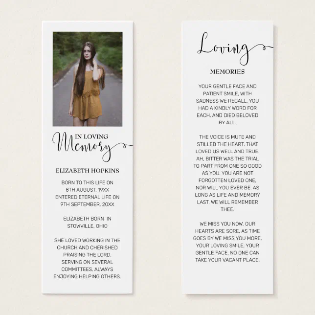 Photo Funeral Memorial Bookmark Card | Zazzle