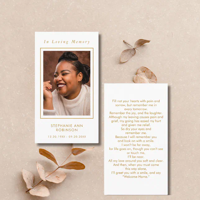 Photo Funeral Memorial Gold Script Prayer Card | Zazzle