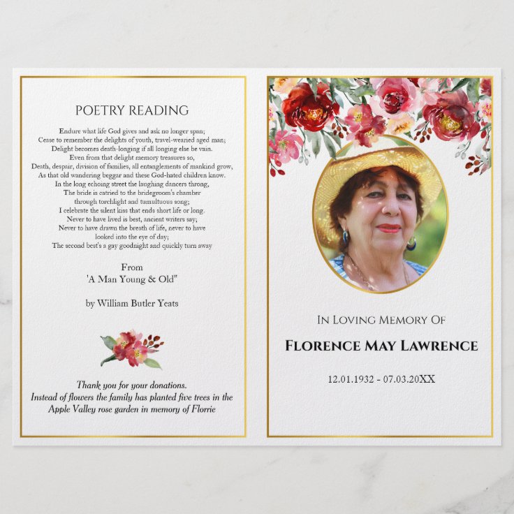 Photo Funeral Program, red and pink rose garland Flyer | Zazzle