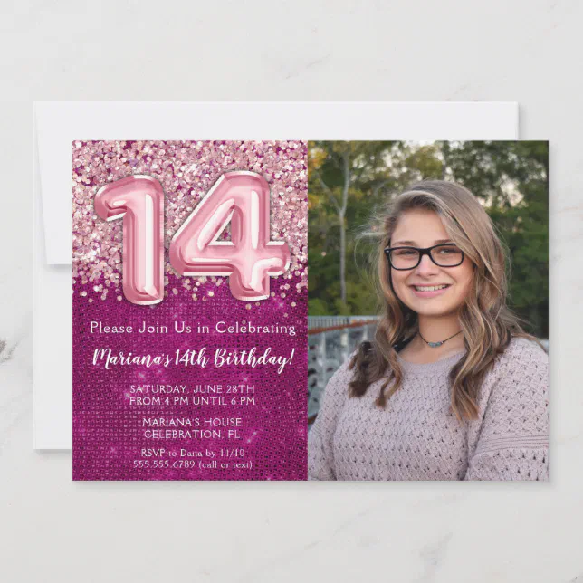 Photo Girl Magenta Pink Glitter 14th Birthday Invitation | Zazzle