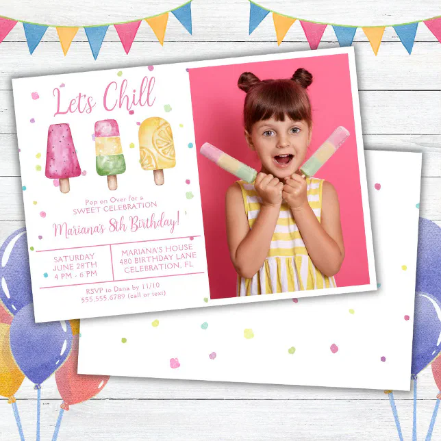 Photo Girl Summer Let's Chill Popsicle Birthday Invitation | Zazzle