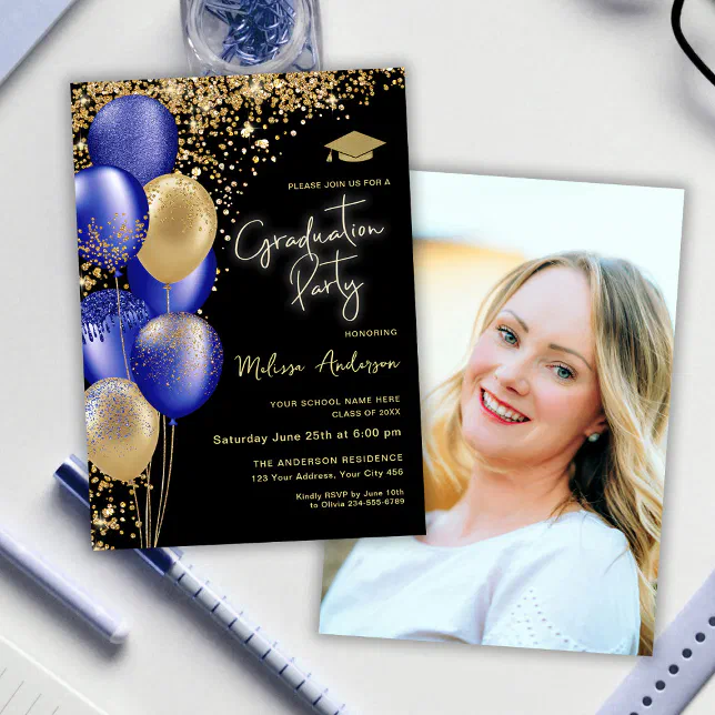 Photo Gold Graduation Party Navy Blue balloons Invitation | Zazzle