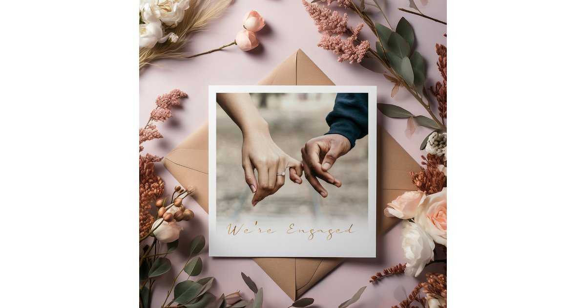 Photo, gold script engaged announcement party card | Zazzle