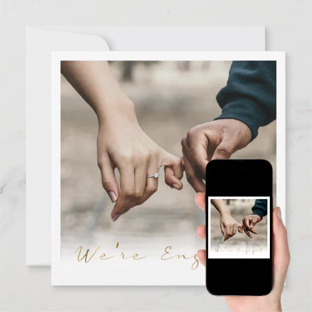 Photo, gold script engaged announcement party card | Zazzle