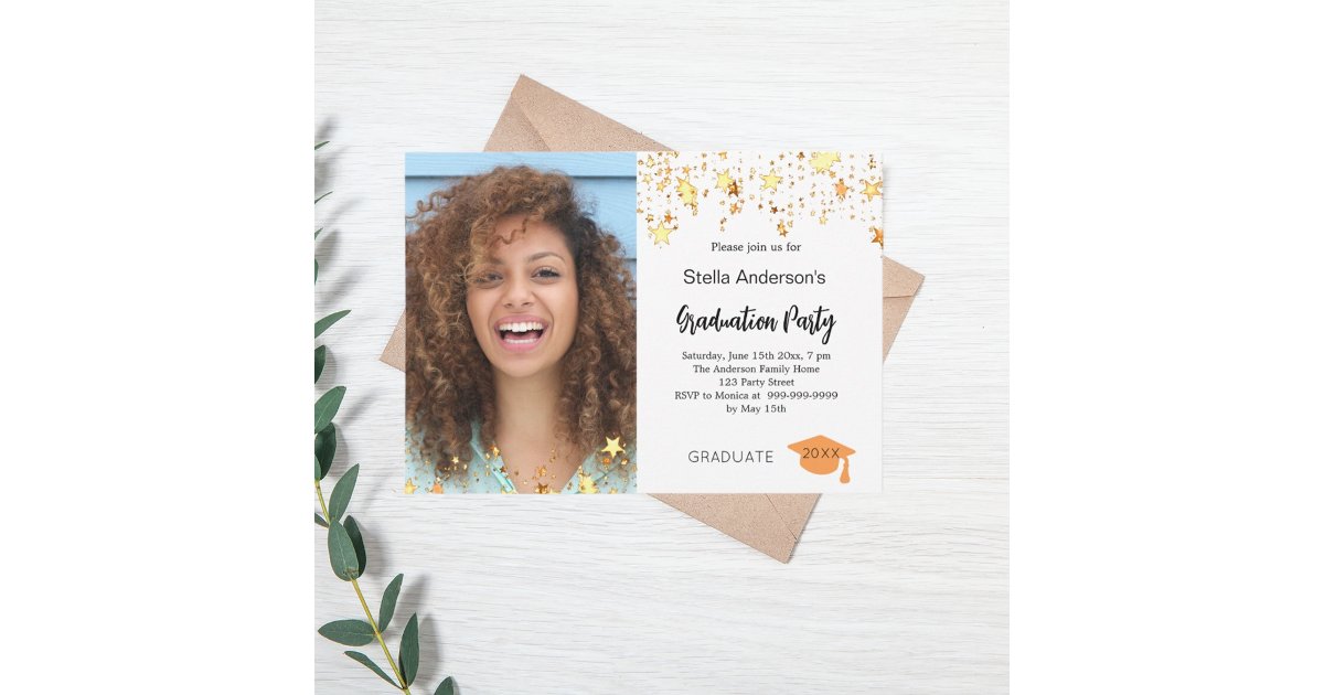 Photo gold stars graduation party invitation | Zazzle