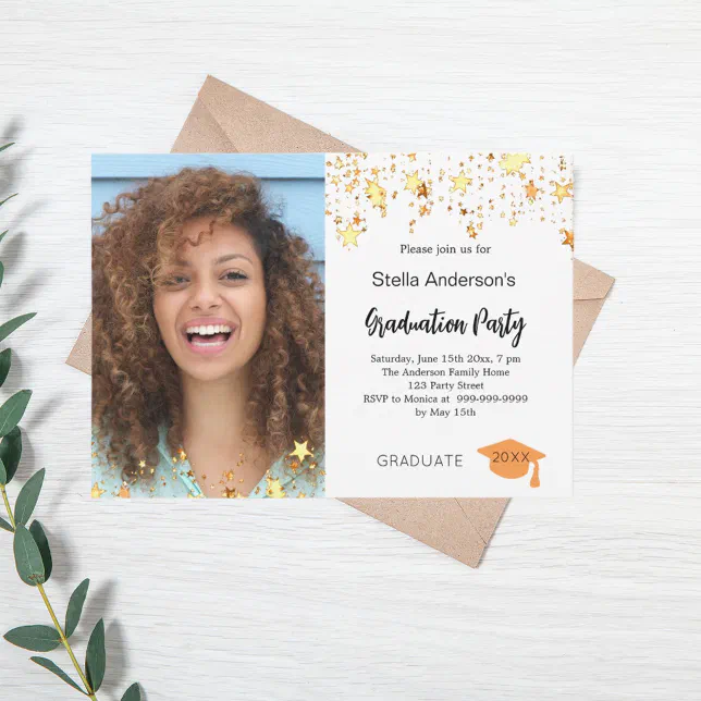 Photo gold stars graduation party invitation | Zazzle