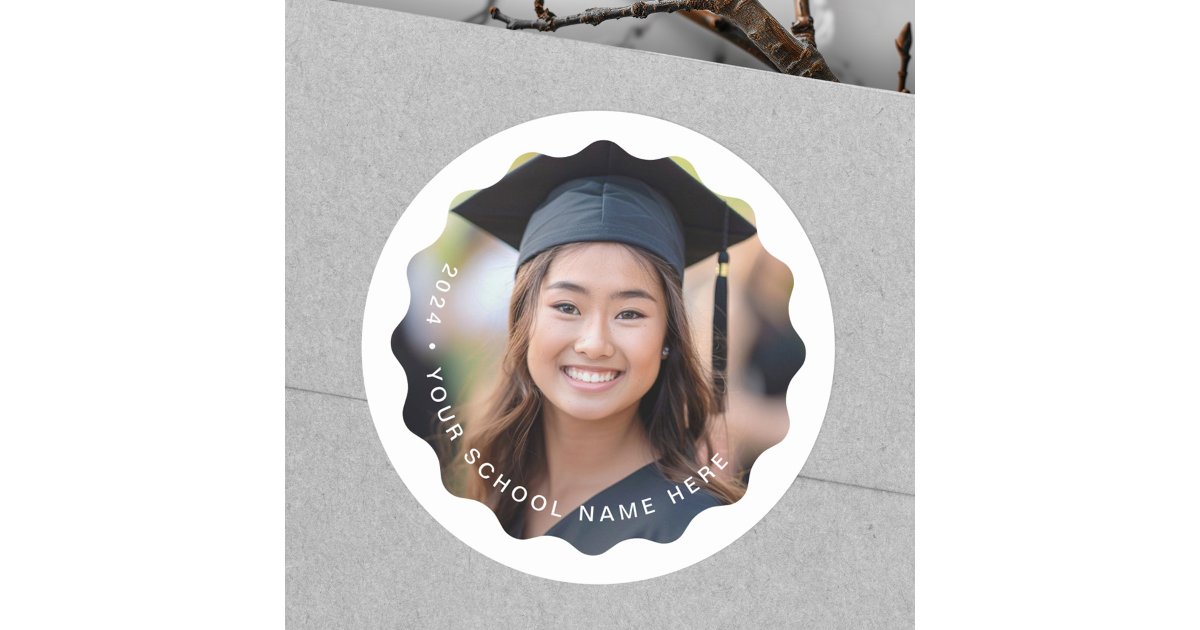 Photo grad year name school graduation wavy border classic round ...