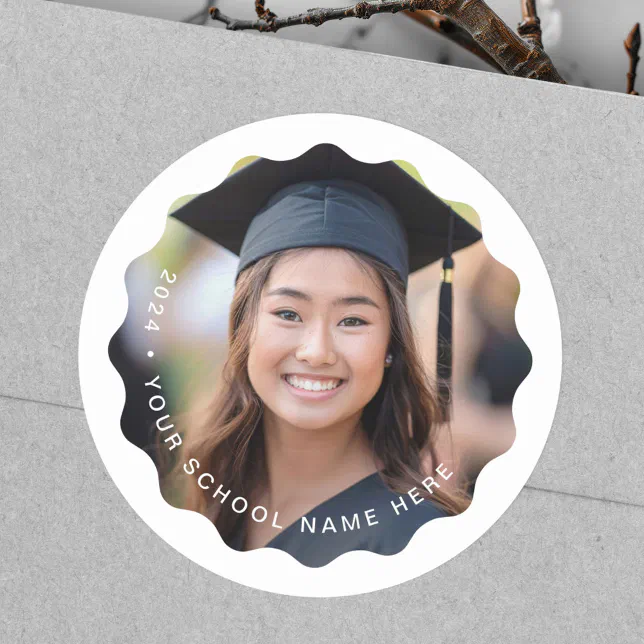 Photo grad year name school graduation wavy border classic round ...