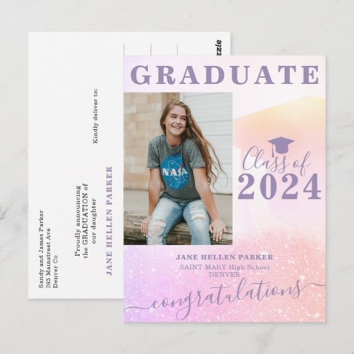 Photo graduate girly graduation announcement postcard | Zazzle