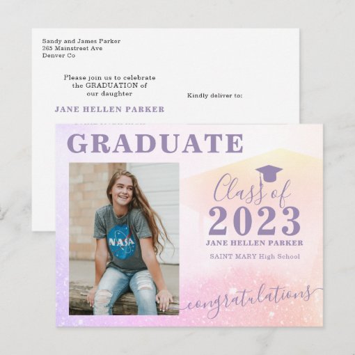 Photo graduate girly graduation party invitation postcard | Zazzle