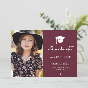 Photo graduate graduation announcement burgundy | Zazzle