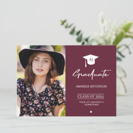 Photo graduate graduation announcement burgundy | Zazzle