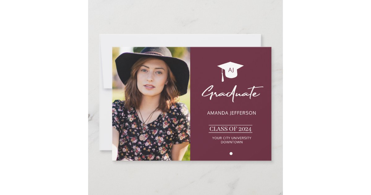 Photo graduate graduation announcement burgundy | Zazzle