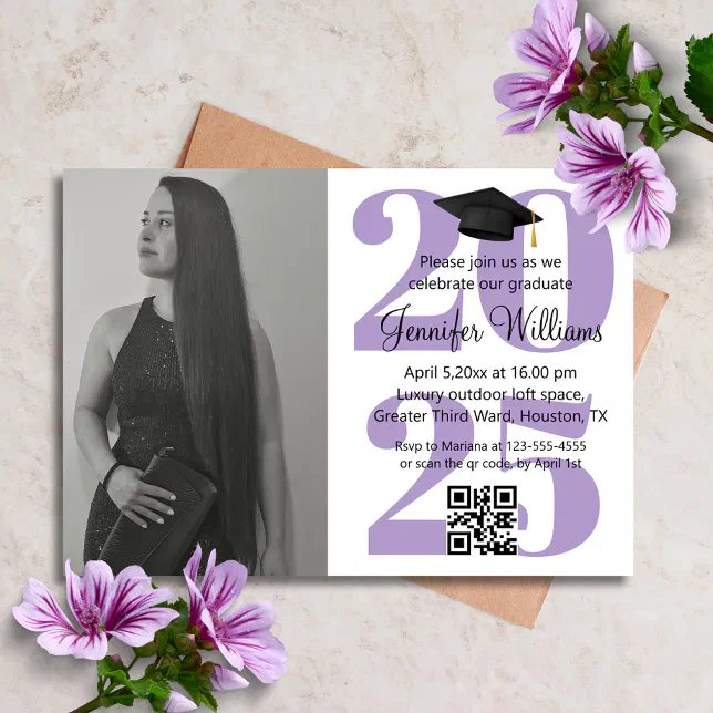 photo graduation 2025 party qr code purple chic invitation | Zazzle