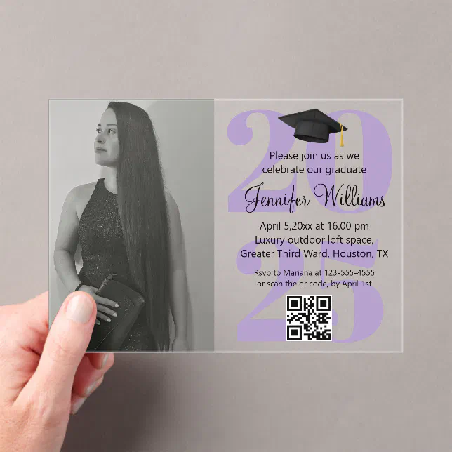 photo graduation 2025 party qr code purple script acrylic invitations ...