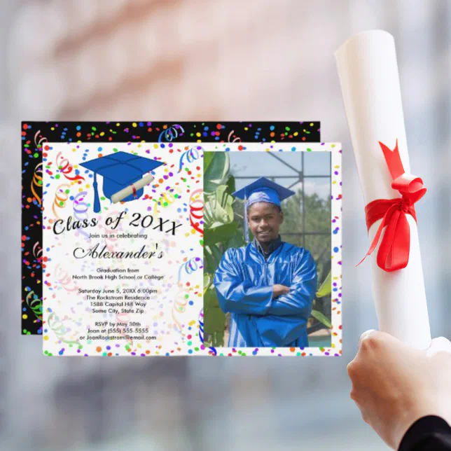 Photo Graduation Blue Cap Confetti Class Party Invitation | Zazzle