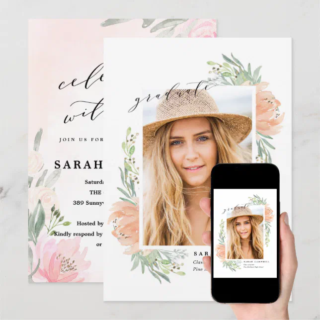 Photo Graduation Card Watercolor / Flowers | Zazzle