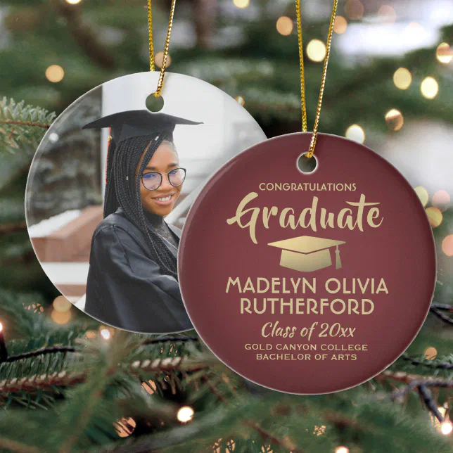 Photo Graduation Congrats Burgundy Red and Gold Ceramic Ornament | Zazzle
