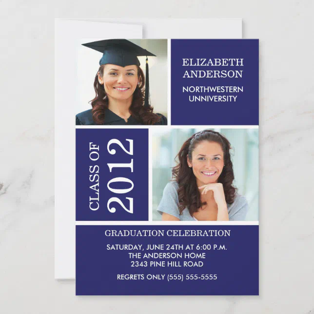 Photo Graduation Invitation ~Classy Blue & White | Zazzle