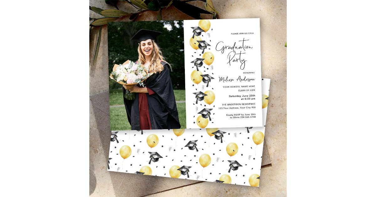Photo Graduation Party Hats with balloons Invitation | Zazzle