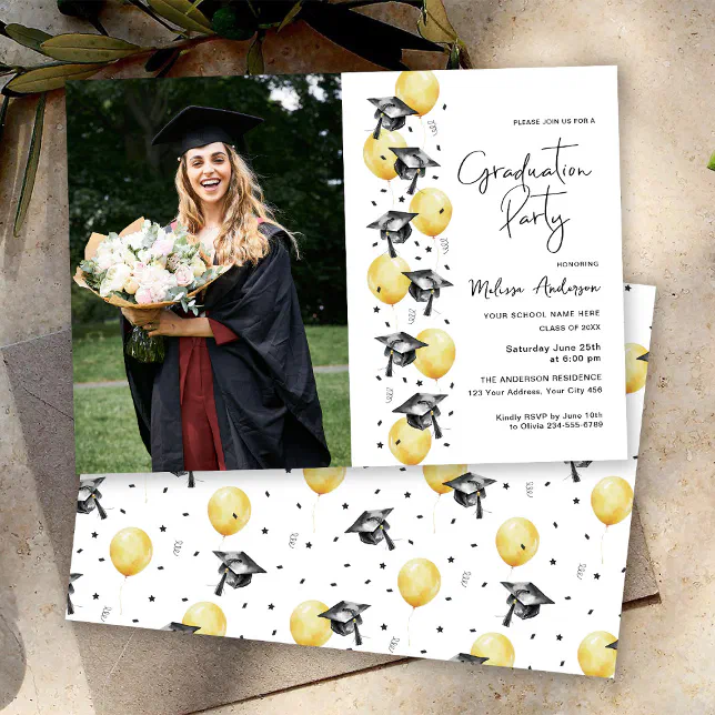Photo Graduation Party Hats with balloons Invitation | Zazzle