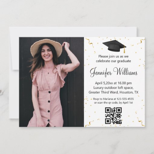 photo graduation party qr code rsvp confetti invitation | Zazzle