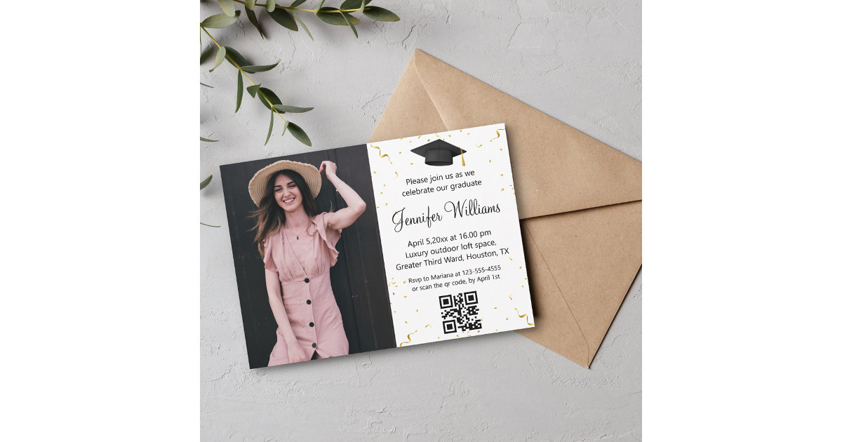photo graduation party qr code rsvp confetti invitation | Zazzle