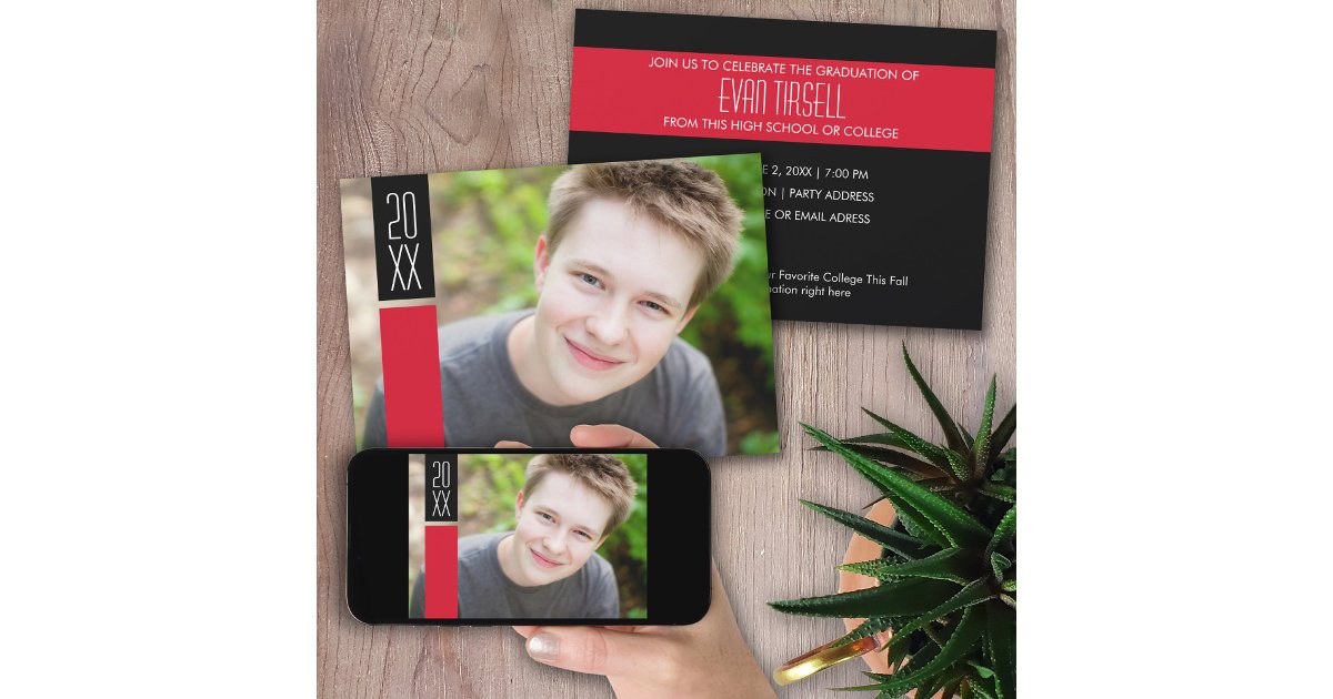 Photo Graduation Party - Red & Black Color Block Invitation | Zazzle