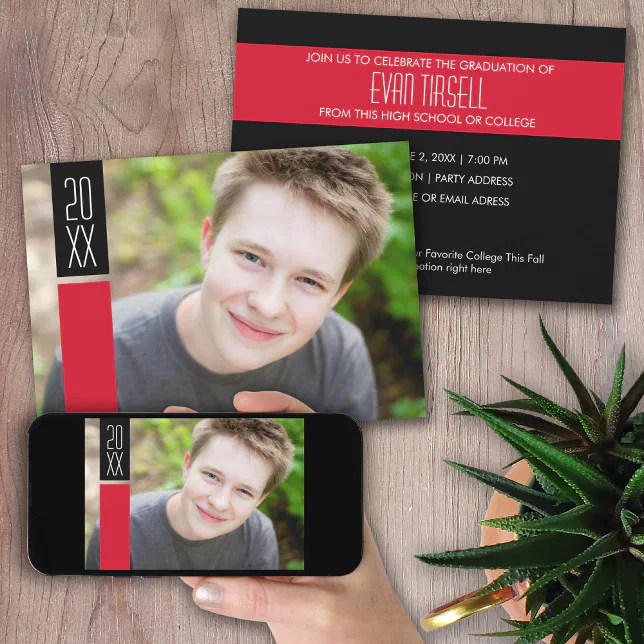Photo Graduation Party - Red & Black Color Block Invitation | Zazzle