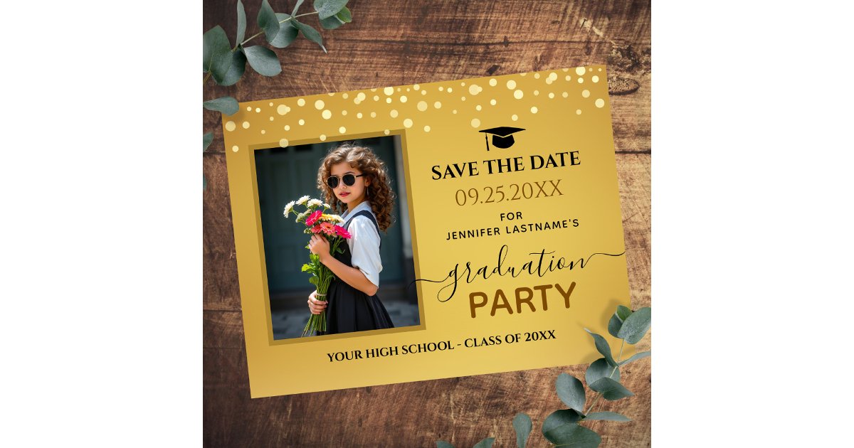 Photo Graduation Party Save the Date Gold Invitation | Zazzle