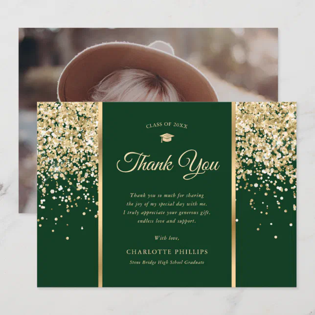Photo Green and Gold Confetti Graduation Thank You Card | Zazzle