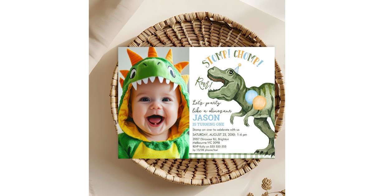 Photo Green Stomp Chomp Roar Dinosaur 1st Birthday Invitation | Zazzle