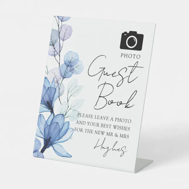 Photo Guest Book Dusty Blue Floral Wedding Pedestal Sign | Zazzle