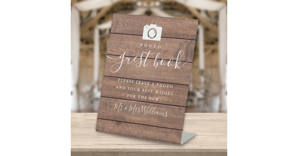 Photo Guest Book Rustic Wood Signature Script Pedestal Sign | Zazzle