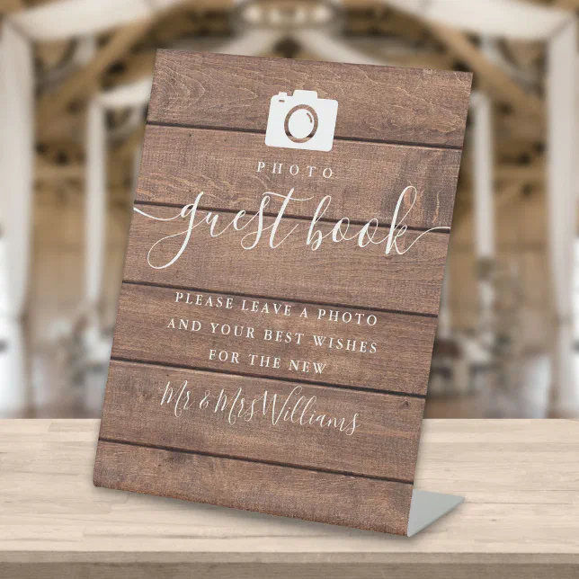 Photo Guest Book Rustic Wood Signature Script Pedestal Sign | Zazzle