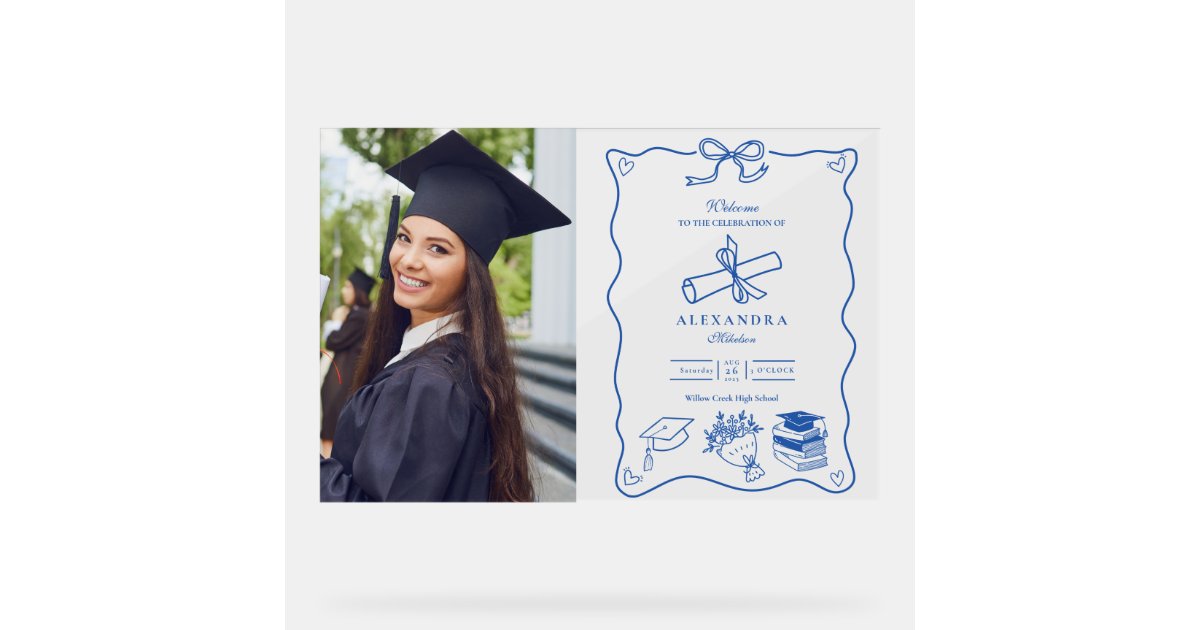 Photo Hand Drawn Illustrated Blue Graduation Party Acrylic Sign | Zazzle