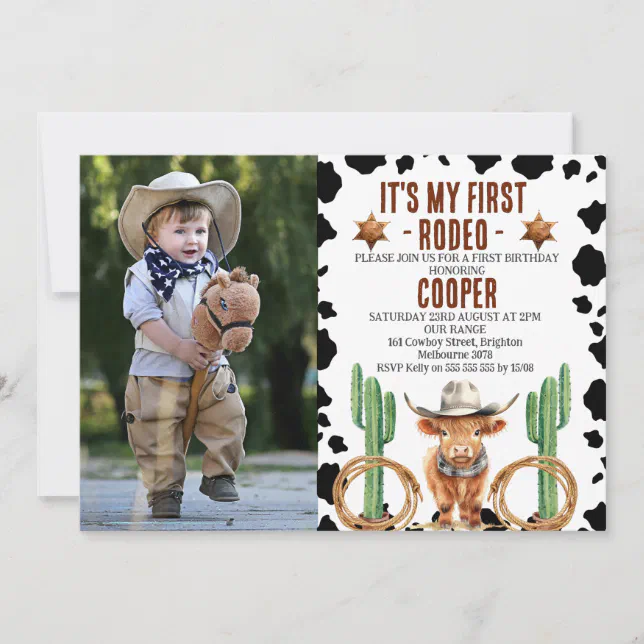 Photo Highland Cow My First Rodeo 1st Birthday Invitation | Zazzle