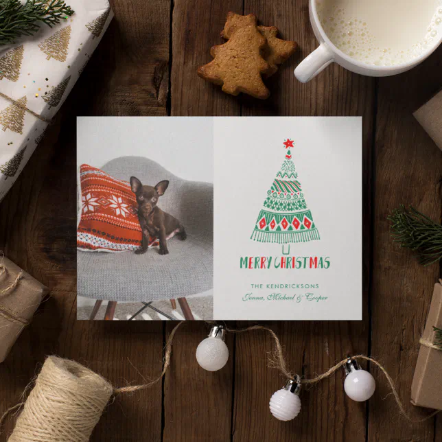 PHOTO HOLIDAY CARD | Christmas Folk Art Tree | Zazzle
