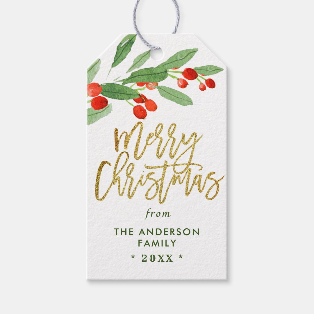 PHOTO Holly Berry Watercolor Christmas Holiday Gift Tags | Zazzle